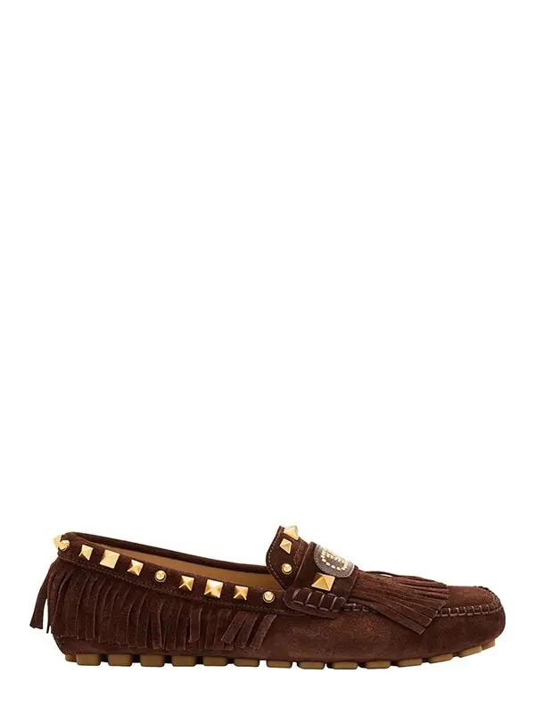 Valentino Garavani V-logo Rockstud Fringe Driver Loafers - Fondant