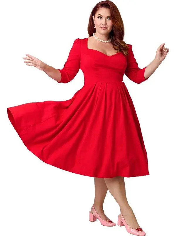 Unique Vintage Sweetheart Neckline Swing Dress - Red Solid