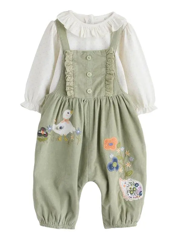 NEXT Ruffle Collar Bodysuit & Appliqué Corduroy Overalls Set - Green