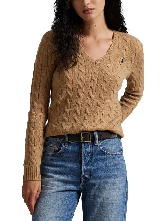 Polo Ralph Lauren Kimberly Cable Wool & Cashmere V-neck Sweater - Collection Camel Melange