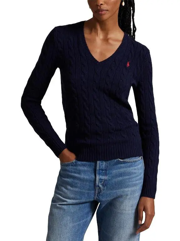 Polo Ralph Lauren Kimberly Cable Wool & Cashmere V-neck Sweater - Hunter Navy