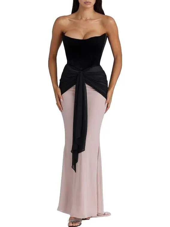 House Of Cb Velvet & Chiffon Drape Corset Gown - Black Velvet