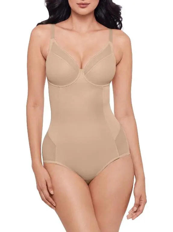 MIRACLESUIT® Sheer Mesh Trim Underwire Shaping Bodysuit - Warm Beige