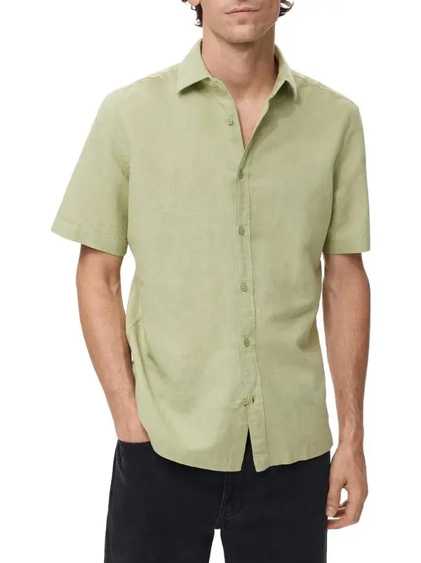 Mango Short Sleeve Linen & Cotton Button-up Shirt - Green Apple