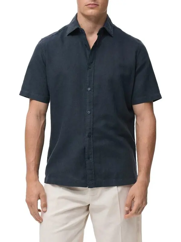 Mango Short Sleeve Linen & Cotton Button-up Shirt - Navy