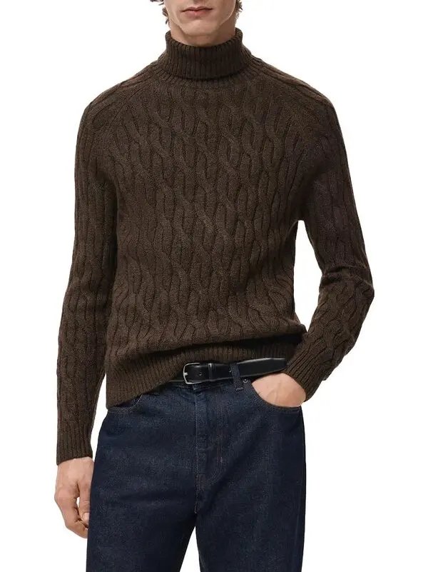 Mango Cable Stitch Turtleneck Sweater - Brown