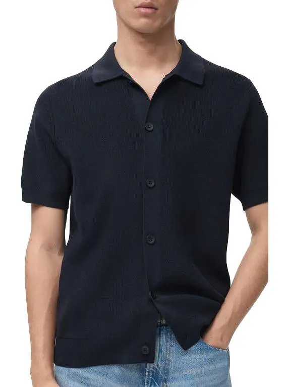 Mango Short Sleeve Knit Button-up Shirt - Navy