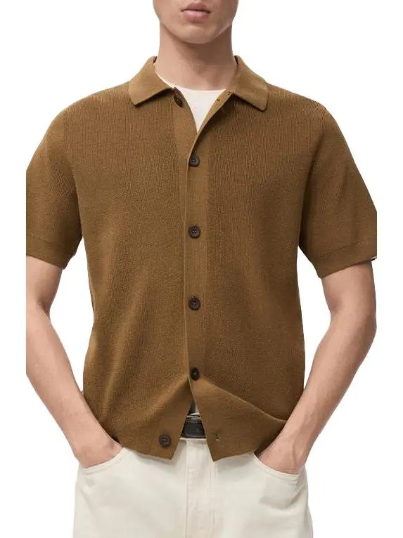 Mango Short Sleeve Knit Button-up Shirt - Tobacco Brown