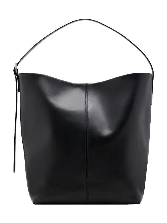 Mango Large Leather Bucket Tote - Black