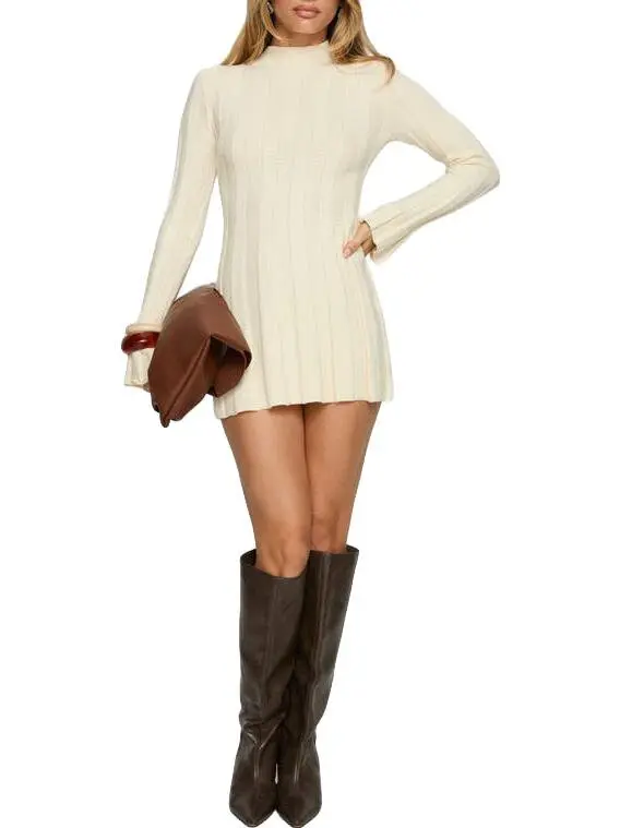 Princess Polly Ribbed Long Sleeve Mini Dress - Cream