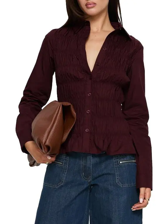 Princess Polly Cultivate Smocked Cotton Button-up Shirt - Plum