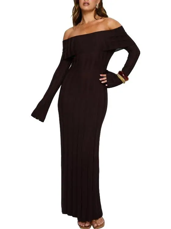 Princess Polly Ellouisa Long Sleeve Rib Knit Maxi Dress - Chocolate