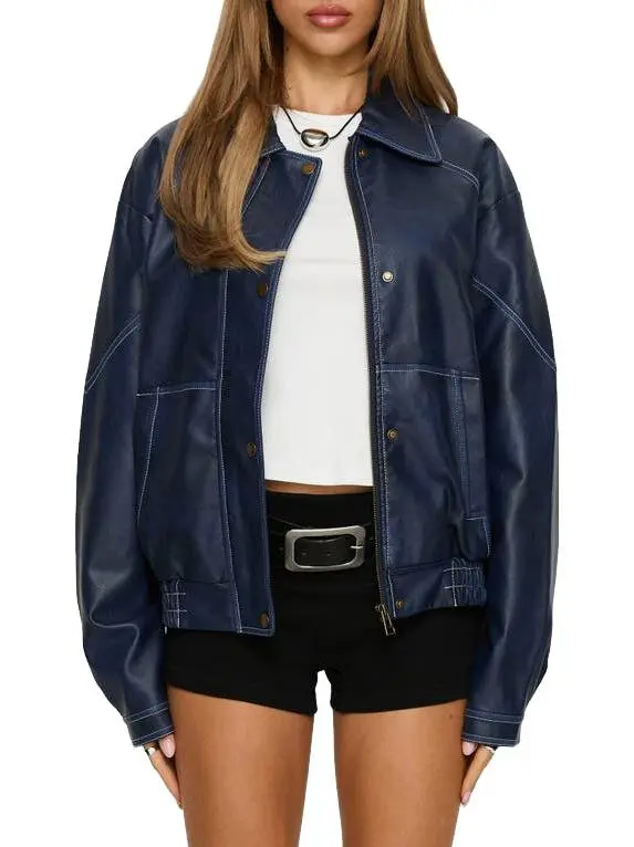 Princess Polly Jayton Faux Leather Jacket - Navy