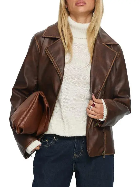 Princess Polly Faux Leather Jacket - Washed Brown