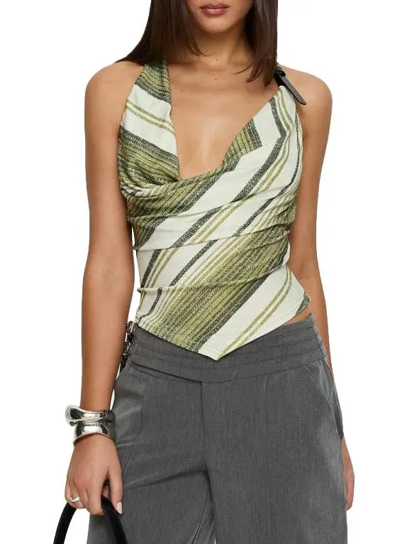 Princess Polly Syrenah Cowl Neck Halter Top - Green Stripe