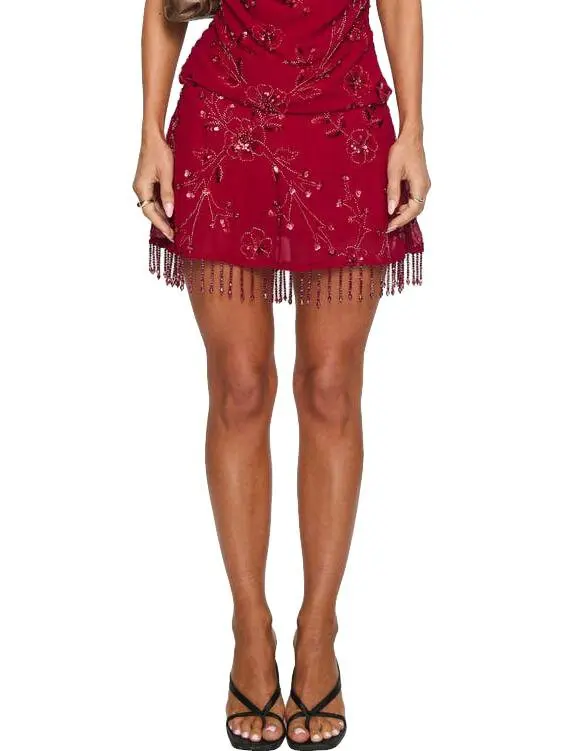 Princess Polly Embellished Beaded Sequin Fringe Miniskirt - Red