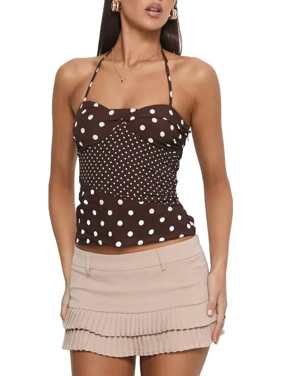 Princess Polly Marguerite Polka Dot Halter Top - Chocolate Polka