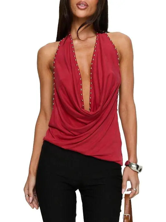 Princess Polly Studded Cowl Neck Top - Burgundy