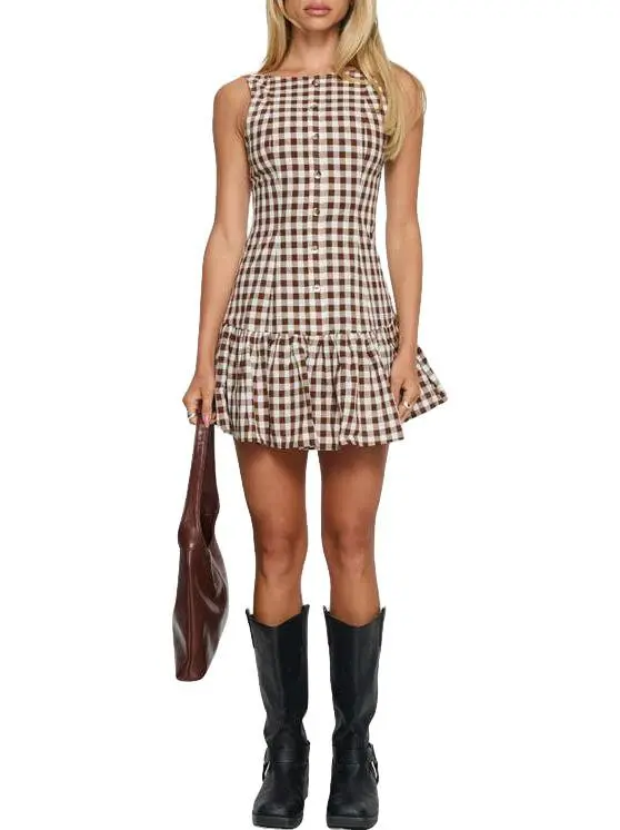 Princess Polly Gingham Sleeveless Cotton Tiered Minidress - Brown Gingham