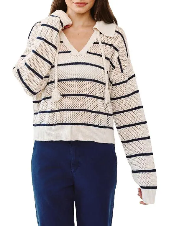 Bella Dahl Tassel Tie Cotton Mesh Stitch Sweater - Ink Stripe