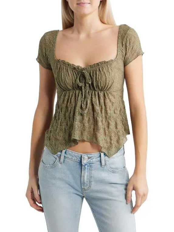BDG URBAN OUTFITTERS Piper Asymmetric Hem Stretch Lace Top - Khaki
