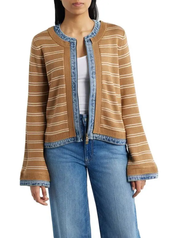 Wit & Wisdom Striped Mixed Media Jacket - Caramel Latte/ivory/blue