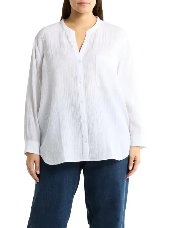 Eileen Fisher Mandarin Collar Button-up Top - White
