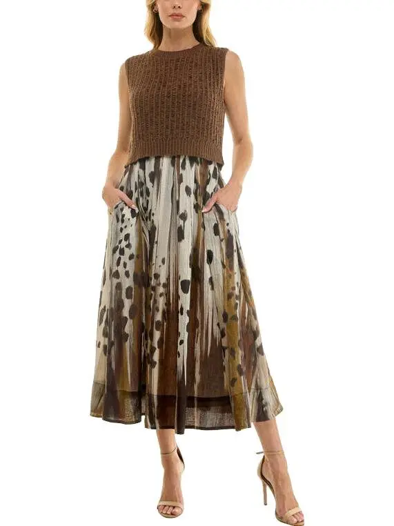SOCIALITE Mixed Media Pleated Midi Dress - Brown/tan