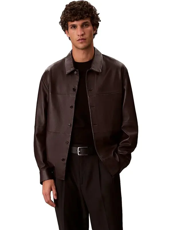 Calvin Klein Leather Shirt Jacket - Mocha Brown