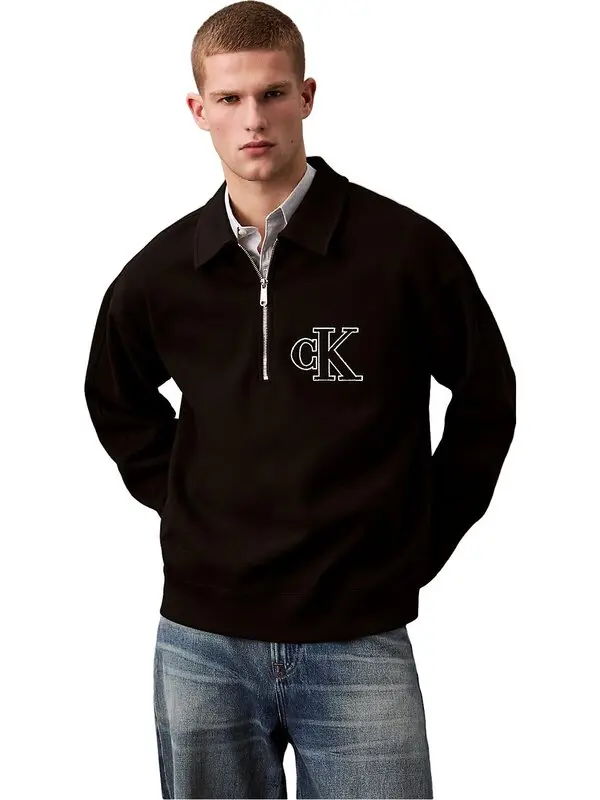 Calvin Klein Varsity Monogram Quarter Zip Sweatshirt - Black