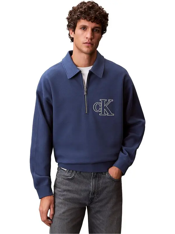Calvin Klein Varsity Monogram Quarter Zip Sweatshirt - Dark Denim