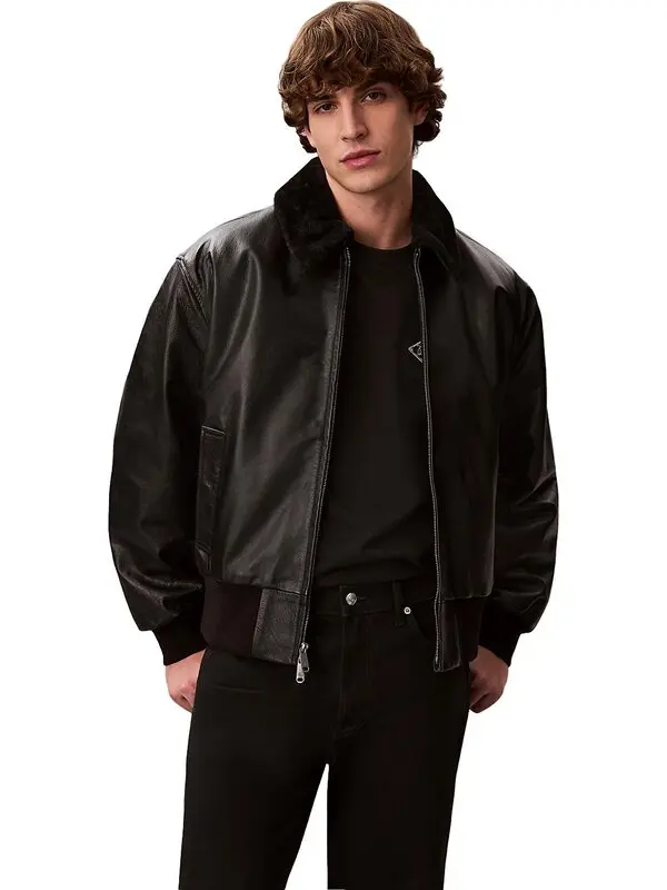Calvin Klein Leather Bomber Jacket With Shearling Collar - Black
