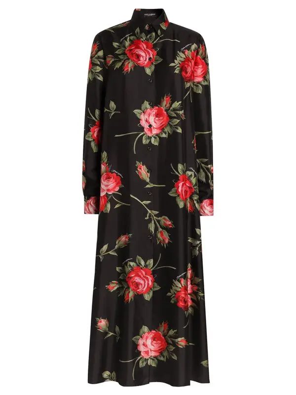 Dolce & Gabbana Rose Bouquet-print Long Twill Dress - Multicolor