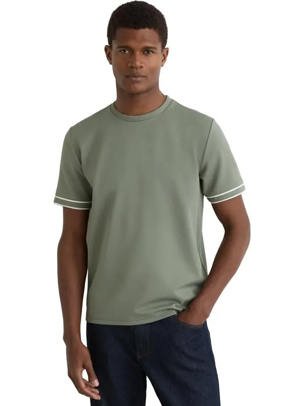 REISS Oscar Piped-trim Textured Modern-fit T-shirt - Sage Green