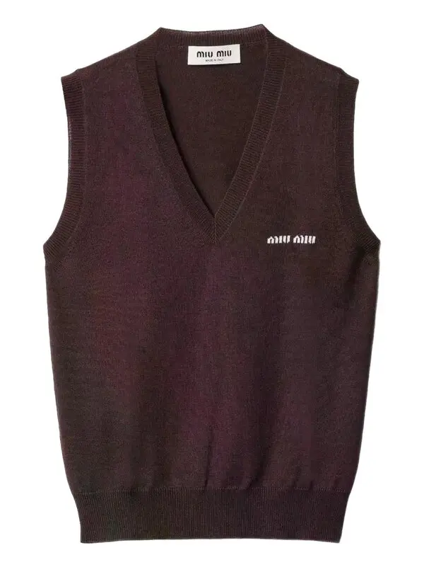 Miu Miu Intarsia Logo V-neck Vest - Brown