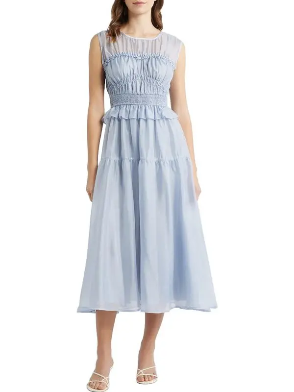 Moon River Semi Sheer Yoke Gathered Peplum Midi Dress - Dusty Blue