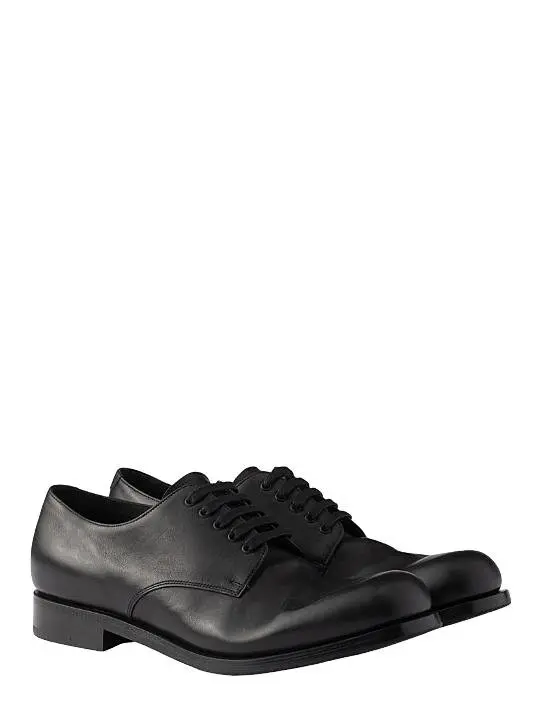 Prada Antiqued Leather Laced Derby Shoes - Black