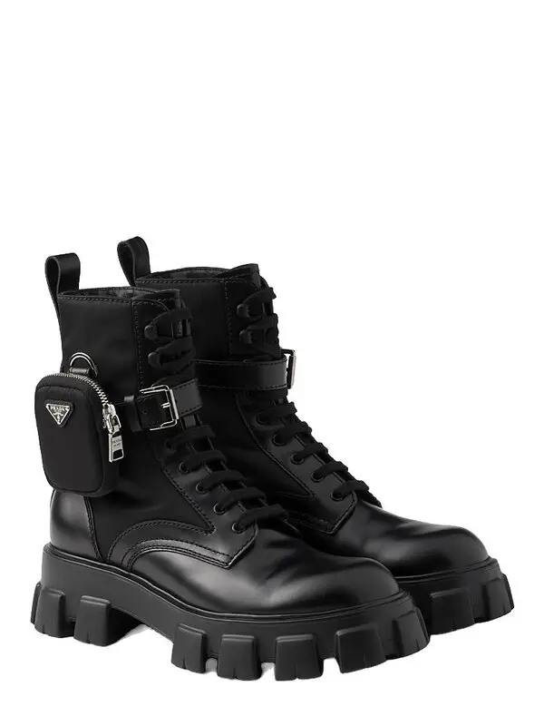 Prada Monolith Brushed Leather And Re-nylon Combat Boots With Pouch - Black