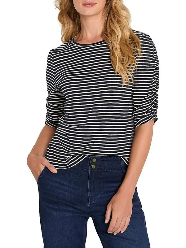 NIC+ZOE Striped Ruched Elbow Sleeve Top - Indigo Multi