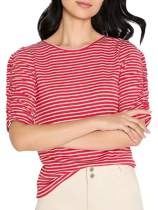 NIC+ZOE Striped Ruched Elbow Sleeve Top - Red Multi
