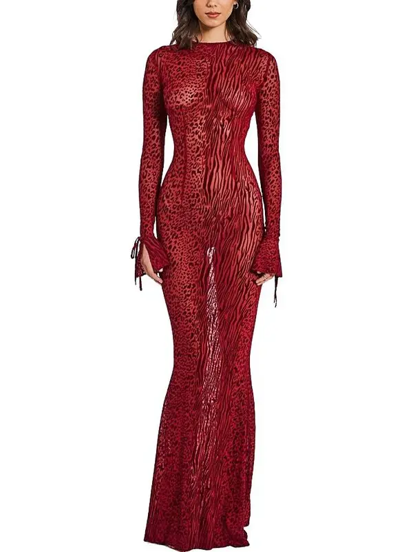 MISS CIRCLE Velvet Burnout Detail Mesh Backless Maxi Dress - Burbundy