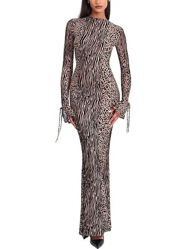 MISS CIRCLE Velvet Burnout Detail Mesh Backless Maxi Dress - Nude