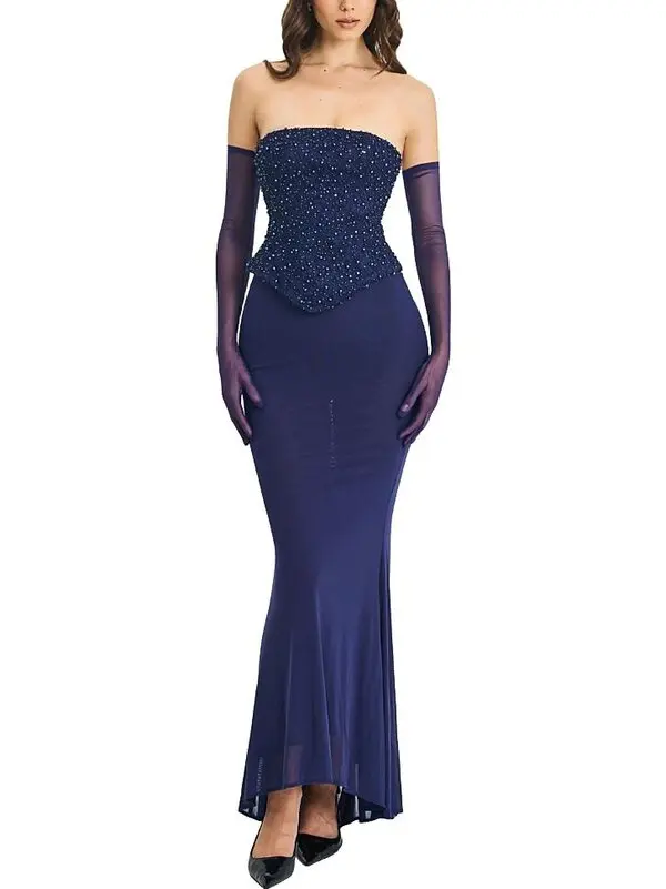 MISS CIRCLE NEW YORK Orabelle Beaded Peplum Mermaid Gown With Lace-up Back - Navy