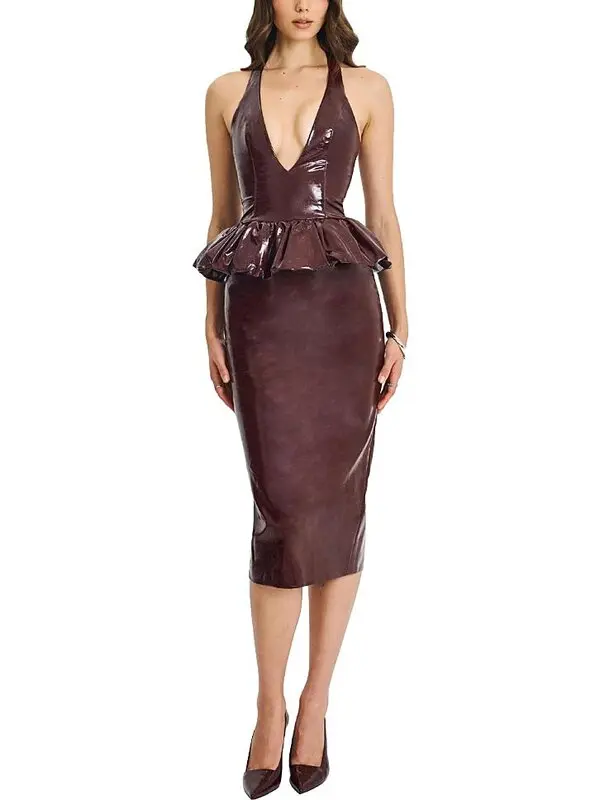 MISS CIRCLE Jaslene Peplum Faux Leather Halter Midi Dress - Mahogany