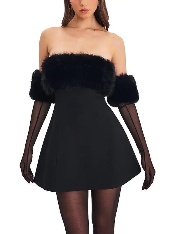 MISS CIRCLE Fur-trimmed Mini A-line Dress - Black