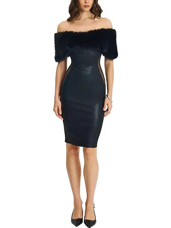 MISS CIRCLE Bellis Fur Trim Off-shoulder Midi Dress - Black