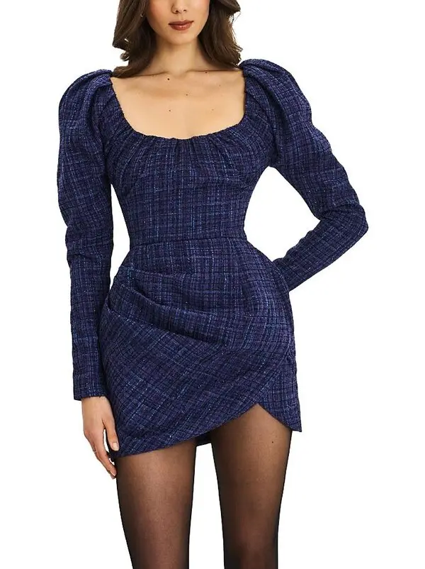 MISS CIRCLE Denise Tweed Ruched Puff Sleeve Mini Dress - Navy