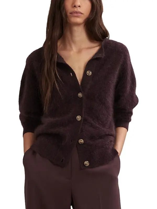 REISS Mel Brushed Cashmere Cardigan Sweater - Burgundy