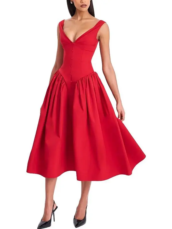 MISS CIRCLE Nahla Drop Waist Midi Dress - Red