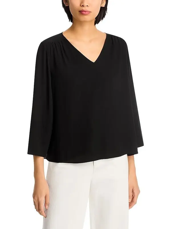 Eileen Fisher Silk V-neck Lantern Sleeve Top - Black